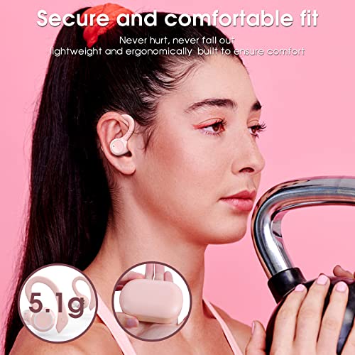 Wireless Earbuds with Earhooks Cute Pink for Womens, in Ear Bluetooth Headphones Sport with bass Boost, Built in Mic, IPX7 Waterproof Earphones with Over Ear Detachable Hooks for Running Workout