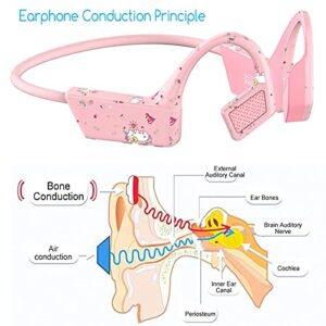 Kids Bone Conduction Headphones Bluetooth 5.0 with Mic, Cartoon Headset Lightweight, Open-Ear Wireless Sweatproof, Music Answer Phone Call for Running Hiking Driving Bicycling (Pink)