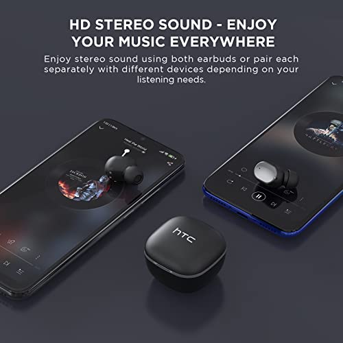 HTC True Wireless Bluetooth Earbuds 2, In-Ear Headphones Noise Cancellation Voice Call Volume Control for iPhone, Android -IPX5 Waterproof/Built-in Mic/32H Playtime for Calling, Gaming, Running -Black