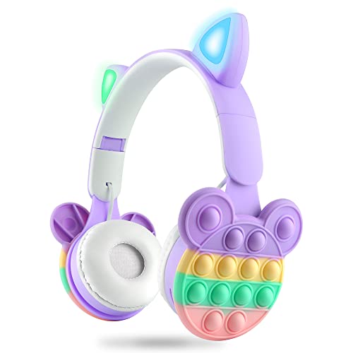 WESADN Bluetooth Headphones Wireless with Microphone Fidget Bubbles Cute Cat Ear with LED Light Up Over Ear Headphones for Girls Boys Women Pop Gaming Headset On Ear for Smartphone Tablet PC, Purple