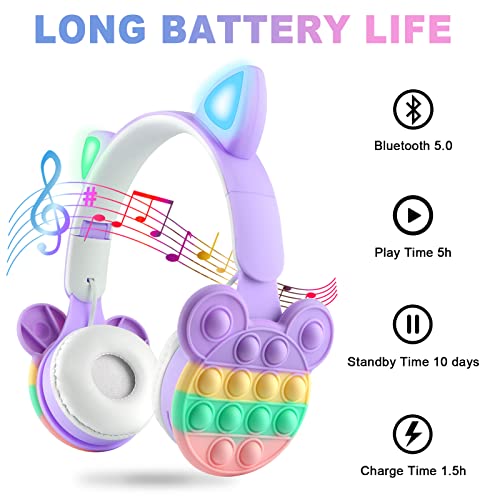 WESADN Bluetooth Headphones Wireless with Microphone Fidget Bubbles Cute Cat Ear with LED Light Up Over Ear Headphones for Girls Boys Women Pop Gaming Headset On Ear for Smartphone Tablet PC, Purple