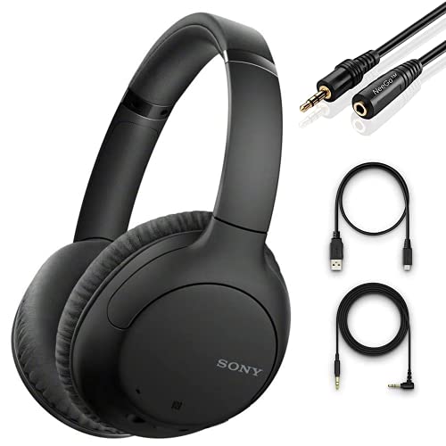 Sony Noise Cancelling Headphones - Wireless Bluetooth Over The Ear Headset with Mic for Phone-Call and Alexa Voice Control – Black + NeeGo 3.5mm Headphone Extension Cable, 10ft