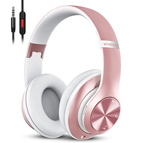 9S Bluetooth Headphones Over-Ear,CVC 6.0 Noise Cancelling Mic Wireless Headphones,60 Hrs Playtime Hi-Fi Stereo Deep Bass Foldable Headphones for Online Class, Home Office, PC, Cell Phones (Rose Gold)