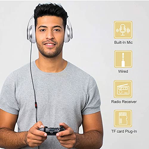 9S Bluetooth Headphones Over-Ear,CVC 6.0 Noise Cancelling Mic Wireless Headphones,60 Hrs Playtime Hi-Fi Stereo Deep Bass Foldable Headphones for Online Class, Home Office, PC, Cell Phones (Silver)