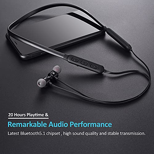 ELEVENSES Bluetooth Headphones v5.1 Magnetic Neckband Earbuds with Microphone Auto Pairing 20Hrs Playtime HD Sound Stereo Bass (Black)