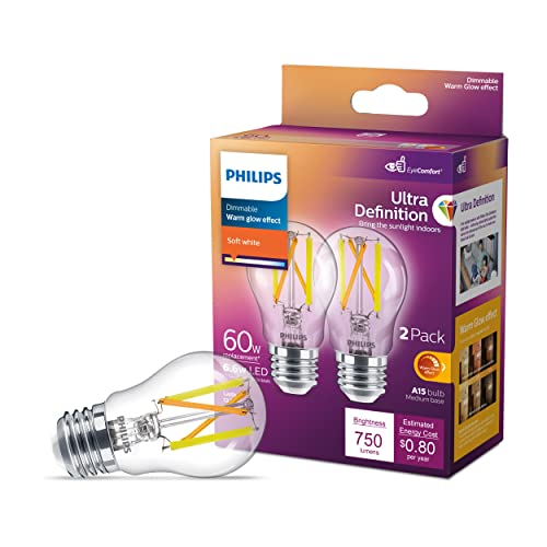 Philips LED Flicker-Free A15 Ultra Definition Light Bulb, Dimmable Warm Glow Effect, 750 Lumen, 2700-2200K, EyeComfort Technology, 6.6W=60W, E26 Base, Title 20 Certified, 2-Pack