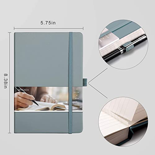 EMSHOI Lined Journal Notebook - 256 Numbered Pages 120gsm Thick Leather Journal with Sticky Notes, A5 Hardcover College Ruled Notebook for Women Men Work School Writing, Medium 5.75" x 8.38"-GrayBlue