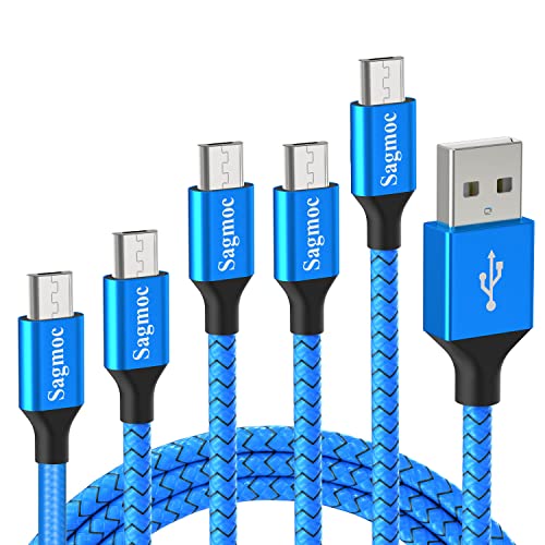 Micro USB Charger Cable Blue - Sagmoc Android Charging Cord Nylon Braided 5 Pack 2FT 3FT 6FT 6FT 10FT for Samsung S7 S6 Edge, Kindle, Note 5, Android Smartphone, MP3, Tablet and More