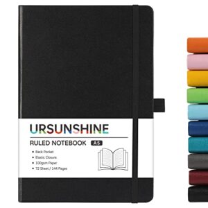 ursunshine ruled notebook/journal – classic lined journal/notebook, 5.7″ x 8.4″, hardcover with thick paper, banded + pen holder +inner pocket – black