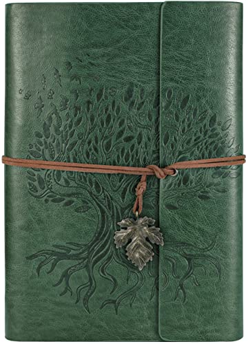 Billtigif PU Leather Journal Notebook, Refillable Travel Vintage Writing Journals Diary, Gifts for Women, Men, Teen Girls and Boys, 100GSM Lined Paper,160 Pages(Green, A5 9.2" x 6.5")