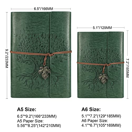 Billtigif PU Leather Journal Notebook, Refillable Travel Vintage Writing Journals Diary, Gifts for Women, Men, Teen Girls and Boys, 100GSM Lined Paper,160 Pages(Green, A5 9.2" x 6.5")