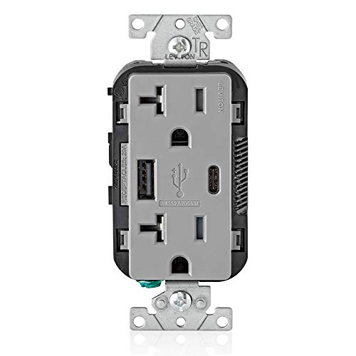 Leviton T5833-GY 20-Amp Type-C USB Charger/Tamper Resistant Receptacle, Gray