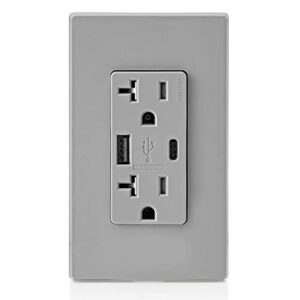 Leviton T5833-GY 20-Amp Type-C USB Charger/Tamper Resistant Receptacle, Gray