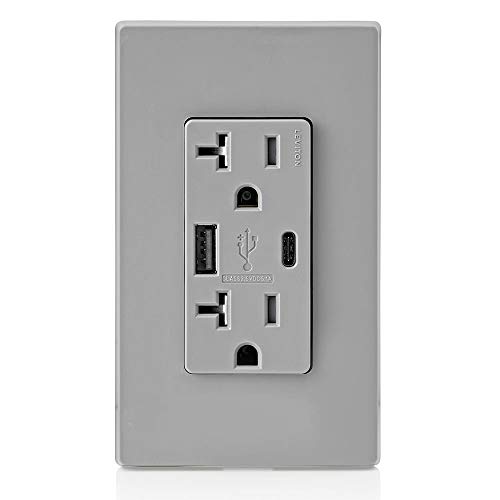 Leviton T5833-GY 20-Amp Type-C USB Charger/Tamper Resistant Receptacle, Gray