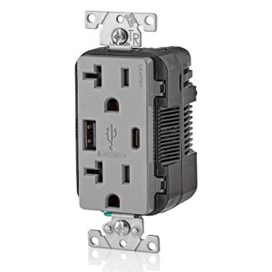 Leviton T5833-GY 20-Amp Type-C USB Charger/Tamper Resistant Receptacle, Gray