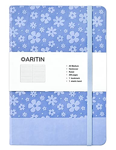 ARITIN Journal for Women-Journal Notebook Hardcover 208 Pages Lined, PU Leather Notebook Embossed Flowers, 5.7 X 8.4 in, 100gsm A grade Paper, Light Blue