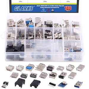 glarks 180pcs micro sockets usb 2.0 3.0 type a male female plug connector jack solder usb repair replacement adapter assortment set