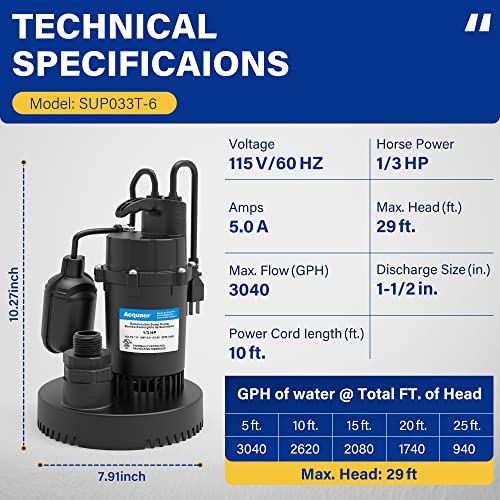 Acquaer 1/3HP Sump Pump, 3040GPH Submersible Clean/Dirty Water Pump with Automatic Float Switch and 10ft Power Cord Sub Pump for Basement, Pool, Pond, Drain, Flooded Cellar, Aquarium and Irrigation