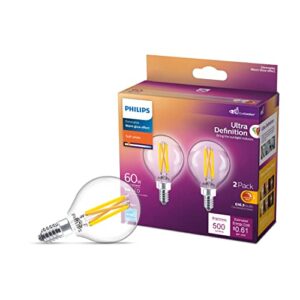 philips led ultra definition flicker-free dimmable, eye comfort technology, soft white 2700k g16.5 clear glass light bulb, 500 lumen, 5w=60w, e12 base, title 20 certified, 2-pack(573329)