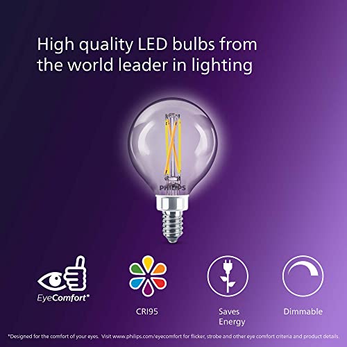 Philips LED Ultra Definition Flicker-Free Dimmable, Eye Comfort Technology, Soft White 2700K G16.5 Clear Glass Light Bulb, 500 Lumen, 5W=60W, E12 Base, Title 20 Certified, 2-Pack(573329)