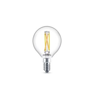 Philips LED Ultra Definition Flicker-Free Dimmable, Eye Comfort Technology, Soft White 2700K G16.5 Clear Glass Light Bulb, 500 Lumen, 5W=60W, E12 Base, Title 20 Certified, 2-Pack(573329)