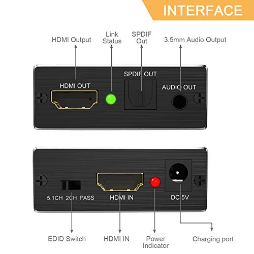 HDMI Audio Extractor 4K 60HZ, Digital HDMI to HDMI Audio Converter, HDMI to Optical 3.5mm AUX Audio Adapter, Supports HDCP 1.4, 3D, Dolby Digital, DTS 5.1 PCM