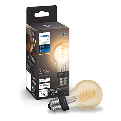 Philips Hue White Dimmable Filament A19 Smart Edison Vintage LED Bulb, Bluetooth & Hub Compatible (Hue Hub Optional), Voice Activated with Alexa