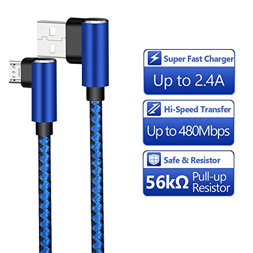 Micro USB Cable Android Charger - [2-Pack 10FT] 90 Degree Right Angle Nylon-Braided Fast Sync & Charging Cord Compatible with Galaxy, Kindle, Nexus, LG, Xbox, PS4, Smartphones & More(Blue)