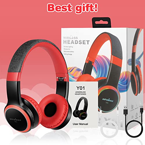 Woice Kids Blutooth Headphones with mic, Colorful LED Lights, Stereo Sound, Bluetooth5.0, Foldable On-Ear Children Wireless/Wired Headphones Fit for Kids Teens Adults (Black&Red)