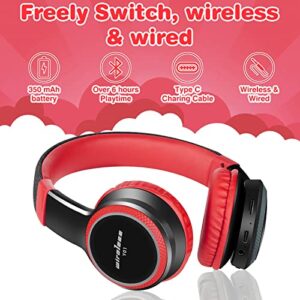 Woice Kids Blutooth Headphones with mic, Colorful LED Lights, Stereo Sound, Bluetooth5.0, Foldable On-Ear Children Wireless/Wired Headphones Fit for Kids Teens Adults (Black&Red)