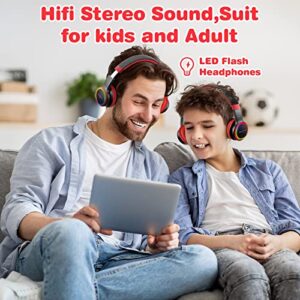 Woice Kids Blutooth Headphones with mic, Colorful LED Lights, Stereo Sound, Bluetooth5.0, Foldable On-Ear Children Wireless/Wired Headphones Fit for Kids Teens Adults (Black&Red)