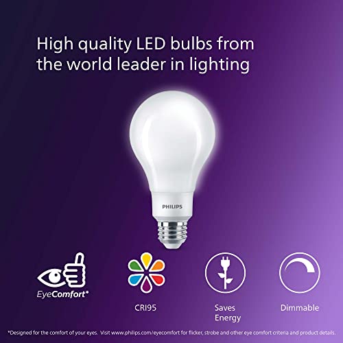 Philips LED White Dial Flicker-Free Frosted A19, Warm to Cool White Light, Dimmable, Eye Comfort Technology, 800 Lumen, 7W=60W, Title 20 Certified, E26 Base, 4PK