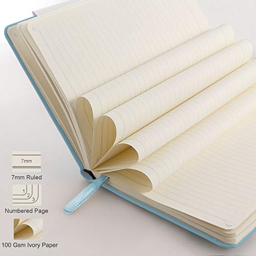 daolen College Lined Classic Notebook Journal [A5][ Leather Hardcover ][ 160 Numbered Pages ][ 100 gsm ] Premium Thick Paper with Inner Pocket 5.5"x 8.15" - (Pastel Blue, Ruled)