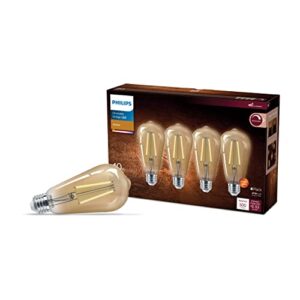 philips led vintage flicker-free amber spiral st19, dimmable, eye comfort technology, 300 lumen, amber (2000), 4.4w=40w, title 20 certified, e26 base, 4pk (573963)