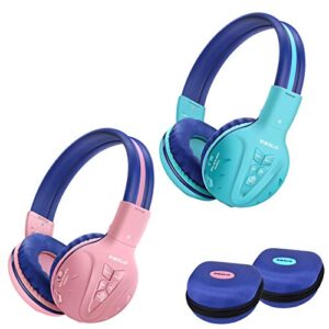 2 pack of simolio wireless bluetooth kids headphone with hard case,wireless kids safe headphone volume limited, wireless headphones for girls,boys,over-ear kids headphone for school,travel (mint,pink)