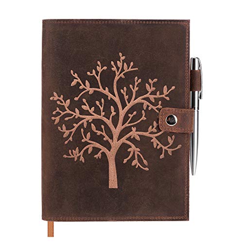 Refillable Leather Journal Lined Notebook - Embossed Tree of Life, Handmade Genuine Leather Notebook for Men & Women with Pen Holder – Includes Premium-Milled A5 Lined Paper & Luxury Pen MOONSTER®