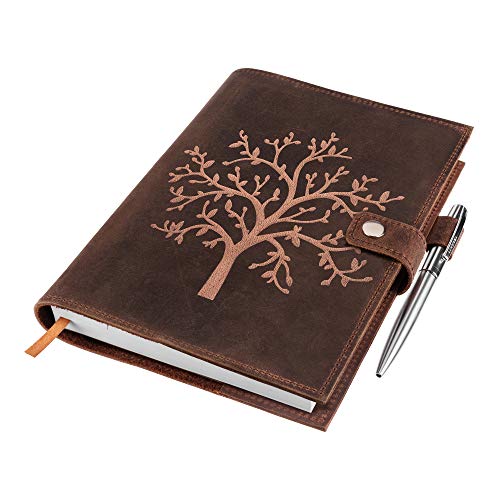 Refillable Leather Journal Lined Notebook - Embossed Tree of Life, Handmade Genuine Leather Notebook for Men & Women with Pen Holder – Includes Premium-Milled A5 Lined Paper & Luxury Pen MOONSTER®