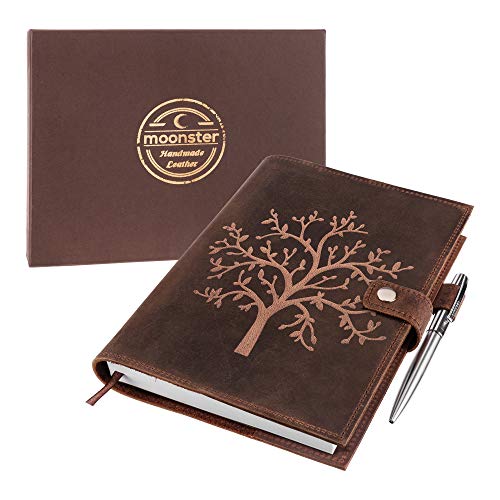 Refillable Leather Journal Lined Notebook - Embossed Tree of Life, Handmade Genuine Leather Notebook for Men & Women with Pen Holder – Includes Premium-Milled A5 Lined Paper & Luxury Pen MOONSTER®