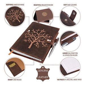 Refillable Leather Journal Lined Notebook - Embossed Tree of Life, Handmade Genuine Leather Notebook for Men & Women with Pen Holder – Includes Premium-Milled A5 Lined Paper & Luxury Pen MOONSTER®