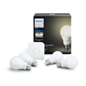 philips hue white a19 60w equivalent led smart bulb starter kit (4 a19 white bulbs and 1 hub compatible with amazon alexa apple homekit and google assistant)