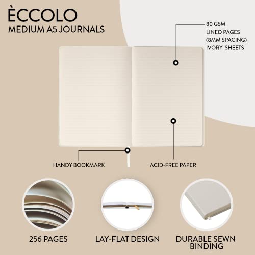 Eccolo Medium Lined Journal Notebook, Hardbound Cover, A5 Writing Journal, 256 Ruled Ivory Pages, Ribbon Bookmark, Lay Flat, Notebook for Work or School (White, 5.75-x-8.25 inches)