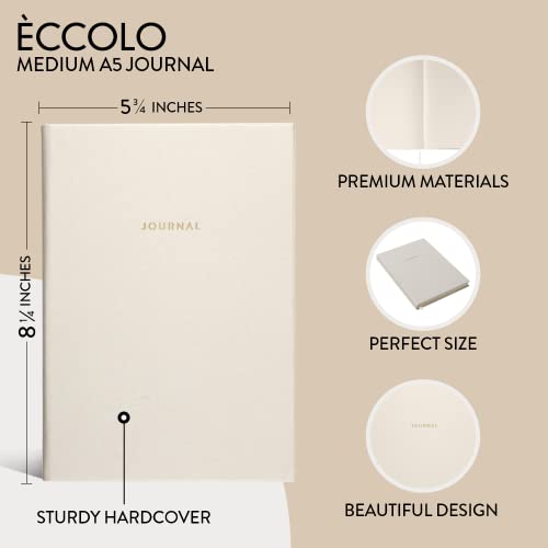 Eccolo Medium Lined Journal Notebook, Hardbound Cover, A5 Writing Journal, 256 Ruled Ivory Pages, Ribbon Bookmark, Lay Flat, Notebook for Work or School (White, 5.75-x-8.25 inches)