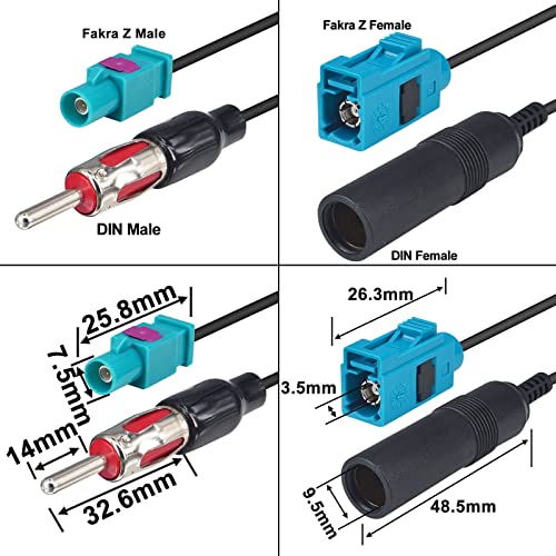 onelinkmore Car Antenna Universal Vehicle Radio Stereo AM & FM Antenna Connector Cable Fakra Z Male Female to DIN Plug Connector Cable for Car Stereo Audio HD Radio Head Unit CD Media Player Receiver