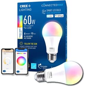 cree lighting connected max smart led bulb a19 60w tunable white + color changing, 2.4 ghz, works with alexa and google home, no hub required, bluetooth + wifi, 1pk