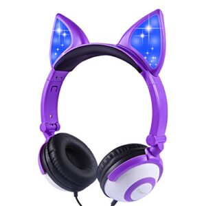 esonstyle kids headphones over ear with led glowing ears wired kids headsets 85db volume limited 3.5mm cute girls headphones for online learning/school/travel/tablet (purple-cat)