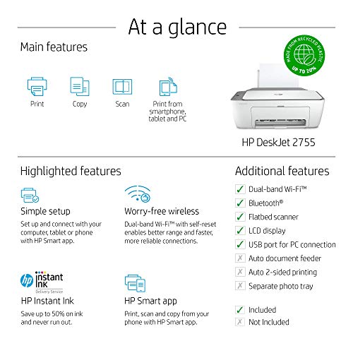 HP DeskJet 2755 Wireless All-in-One Printer | Mobile Print, Scan & Copy | HP Instant Ink Ready (3XV17A) (Renewed)