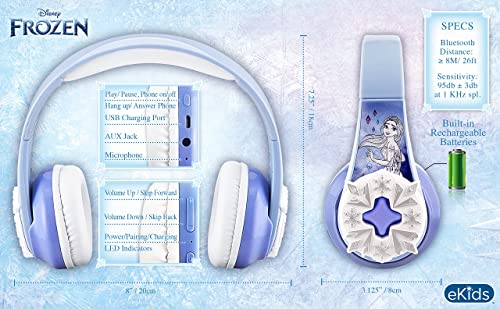 eKids Disney Frozen Bluetooth Headphones with EZ Link, Wireless Headphones with Microphone and Aux Cord, Kids Headphones for School, Home, or Travel