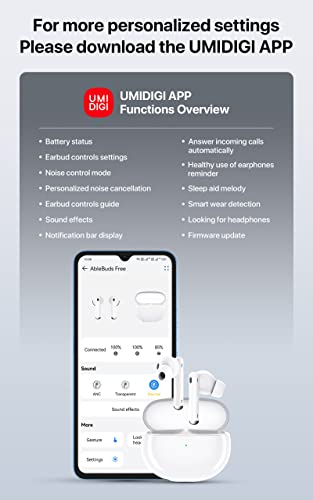 UMIDIGI Wireless Earbuds, AbleBuds Free Earphone Bluetooth Headphones Touch Control Bluetooth 5.2 in-Ear 3 Microphones Call Noise Canceling IP55 Waterproof Bluetooth Earbuds