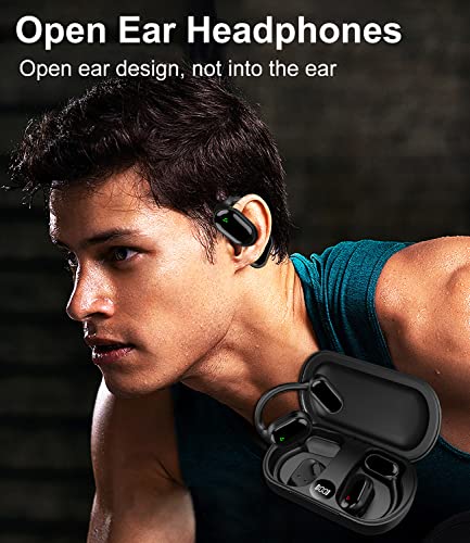 Open Ear Earbuds Bone Conduction Headphones Open Ear Headphones Wireless Bluetooth for Android iPhone, 36Hrs Playtime with Charging Case and LED Power Display Sweat Resistant for Outdoor Sports, Black