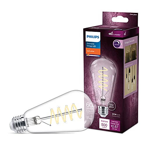 Philips LED Vintage Flicker-Free Clear Spiral ST19, Dimmable, Eyecomfort Technology, 500 Lumen, Soft White(2700K), 5.5W=60W, Title 20 Certified , E26 Base, 1-Pack (565838)